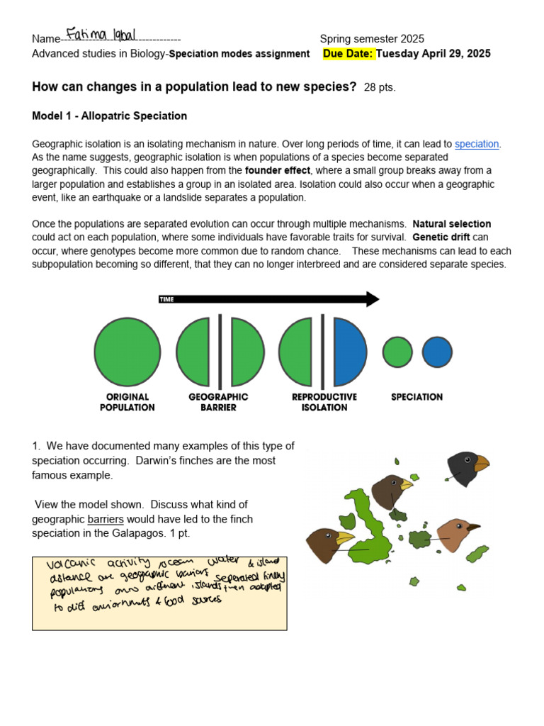 Speciation Modes Activity Spring 2025 | PDF | Biology | Biological Evolution
