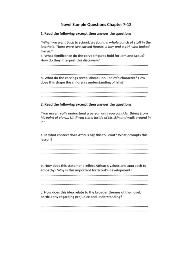 Novel Study Questions: Chapters 7-12 | PDF