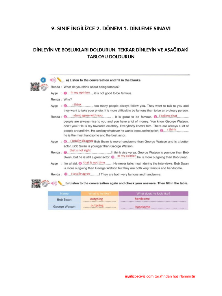 Sinif Ingilizce 2. Donem 1. Dinleme Sinavi 1 Cevap Anahtari | PDF