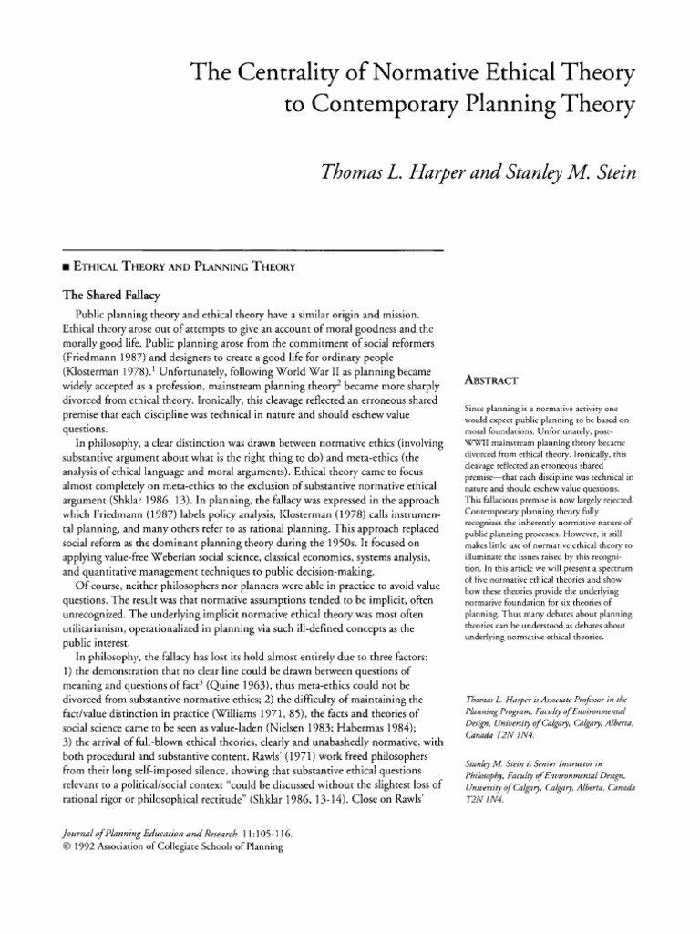 Harper - Stein - Normative Ethical Theory in Planning 1992 | PDF | John ...