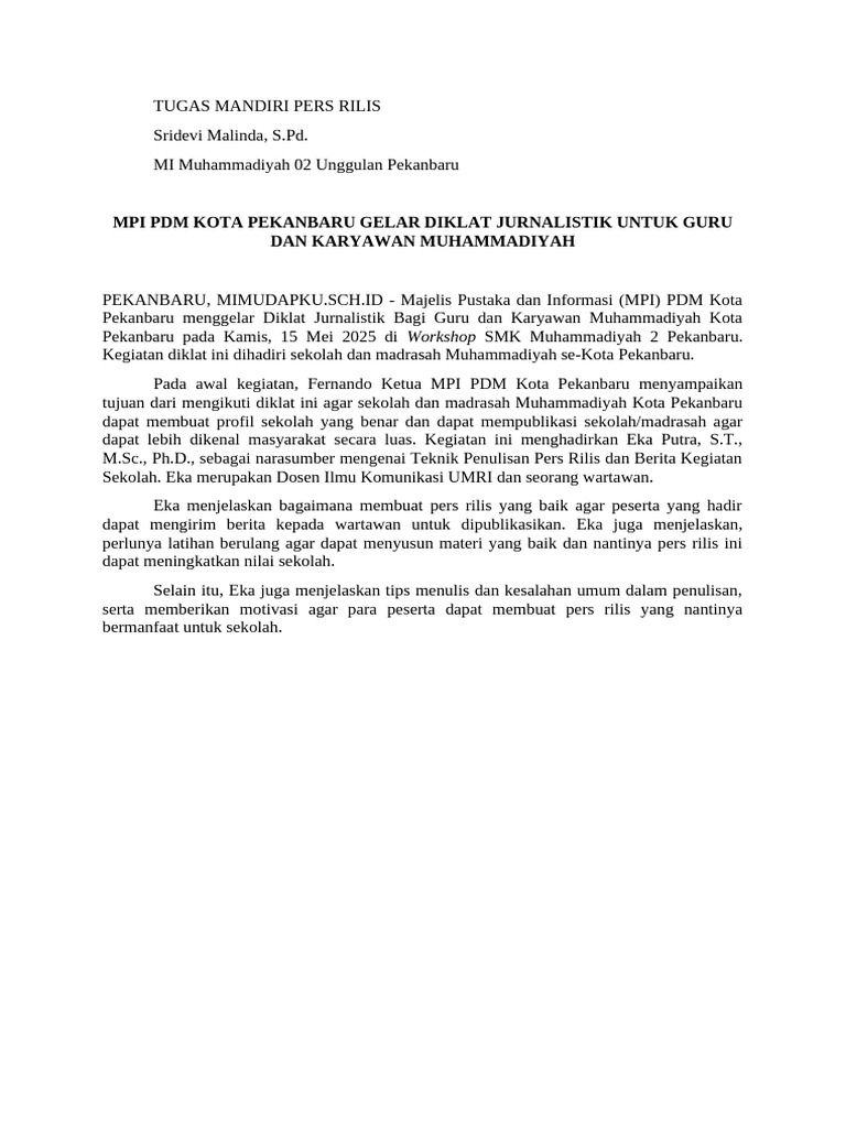 Tugas Pers Rilis - Mi Muda Unggulan | PDF