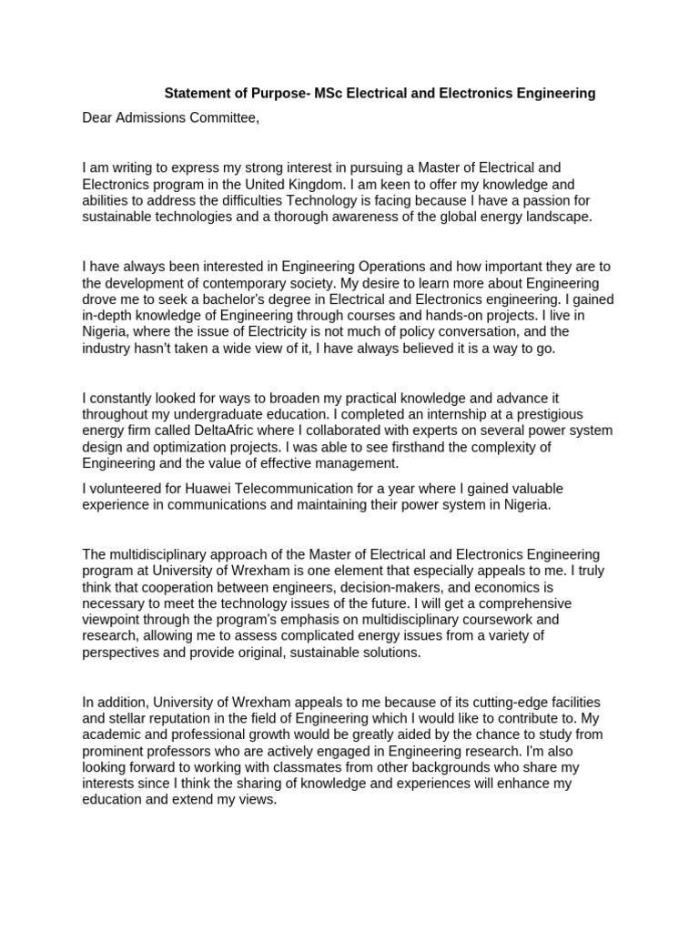 MSc Electrical Engineering Statement of Purpose | PDF | Engineering ...