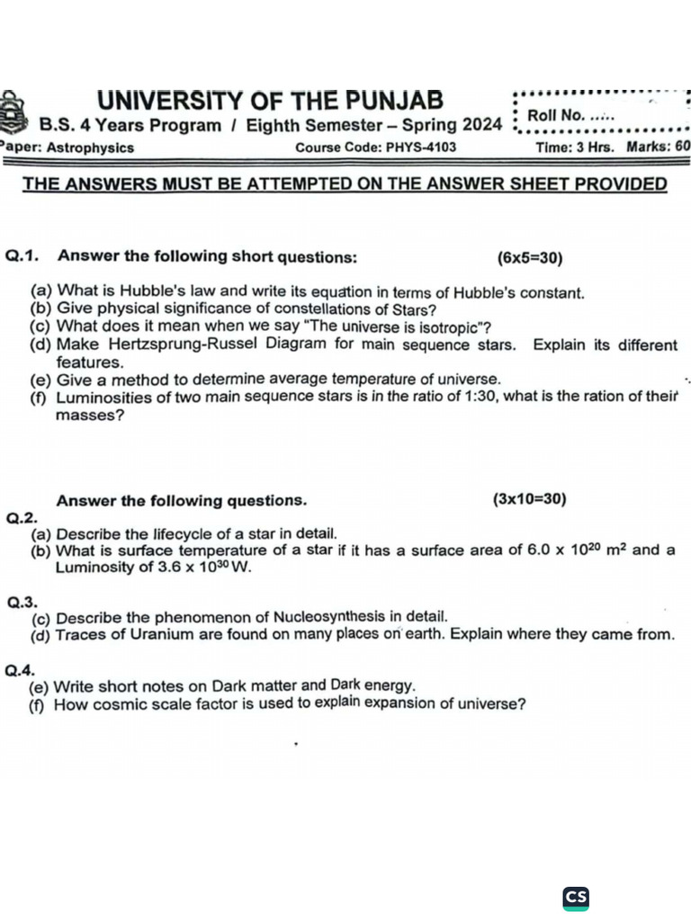Solved Astro Phys 8th (Spring 2024 BS4Y) | PDF