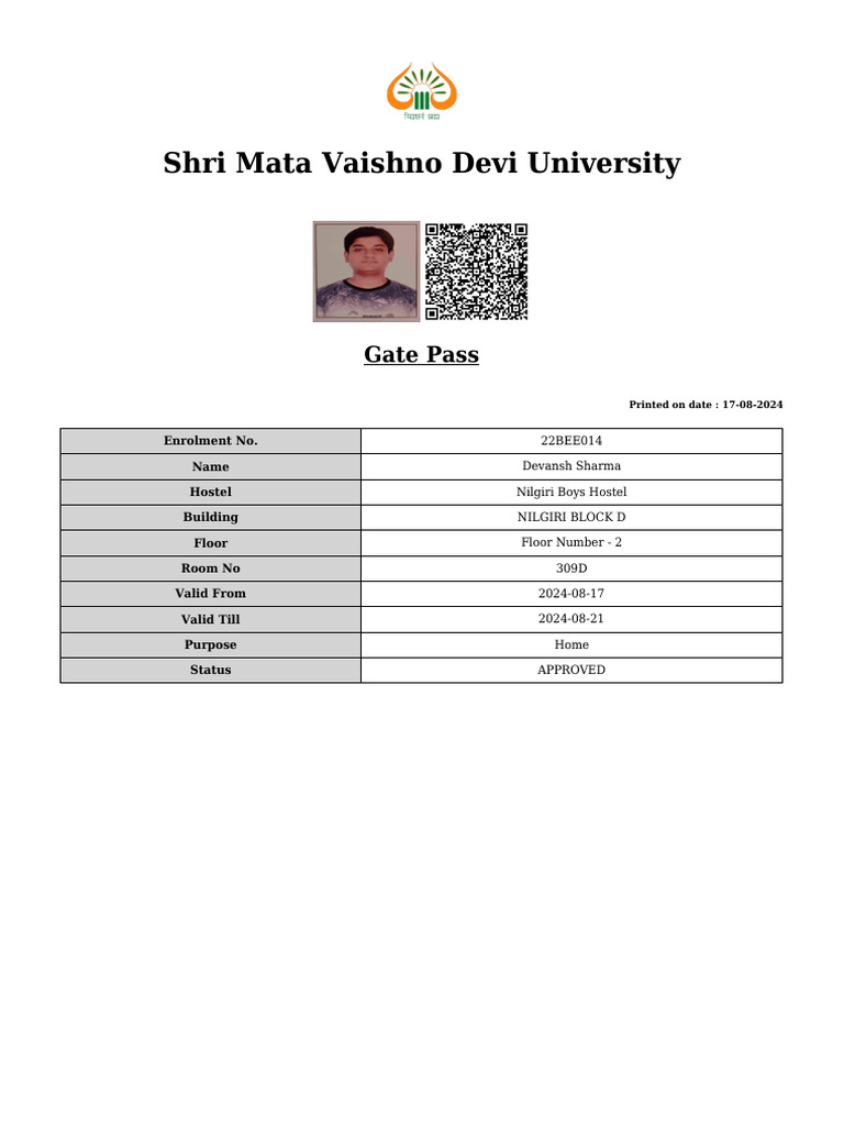 Hostel Gate Pass for Devansh Sharma | PDF