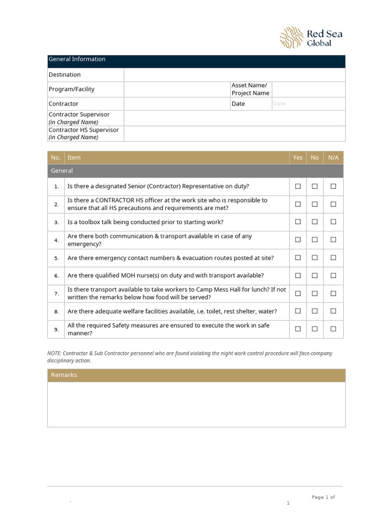 RSG-HS-FRM-0068 - Holiday Work Checklist - 01 | PDF