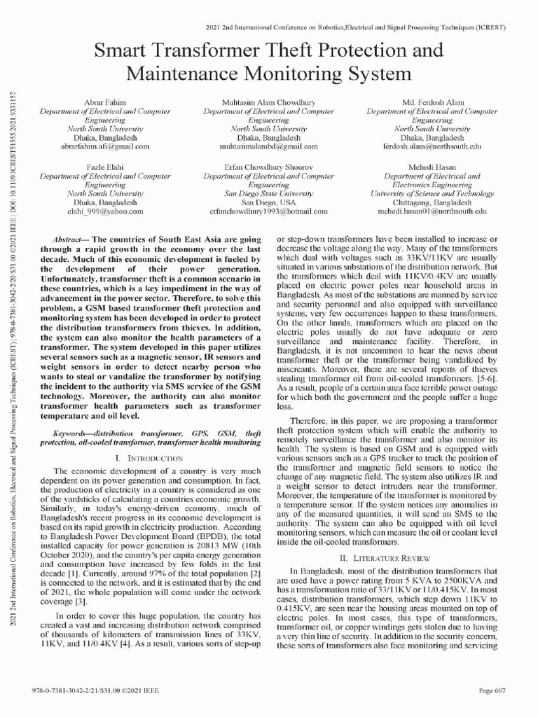 Paper On Transformer Theft Protection | PDF | Sensor | Power Supply