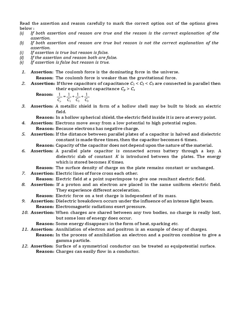 More Assertion Reasoning Questions For Practice - Capacitance | PDF ...