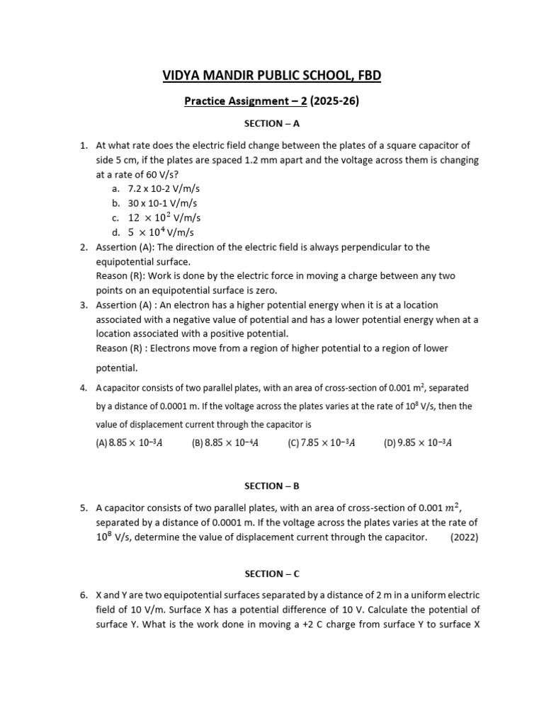 Practice Assignment Potential and Capacitance 2025-26 | PDF | Capacitor | Capacitance