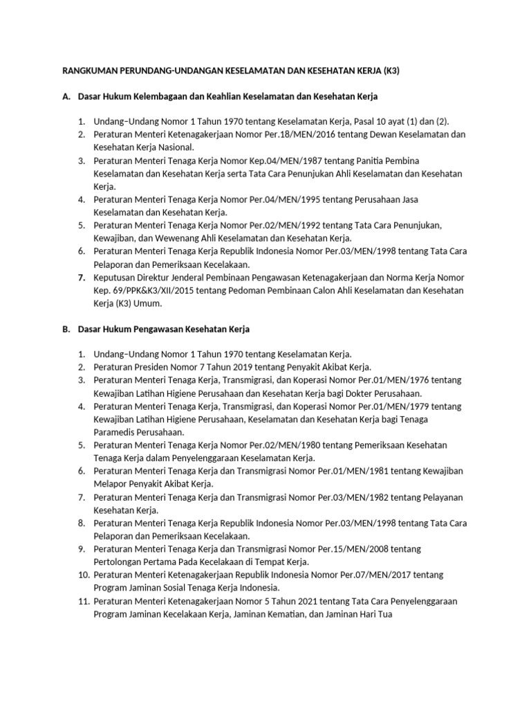 Rangkuman Perundang-Undangan Keselamatan Dan Kesehatan Kerja (K3) | PDF