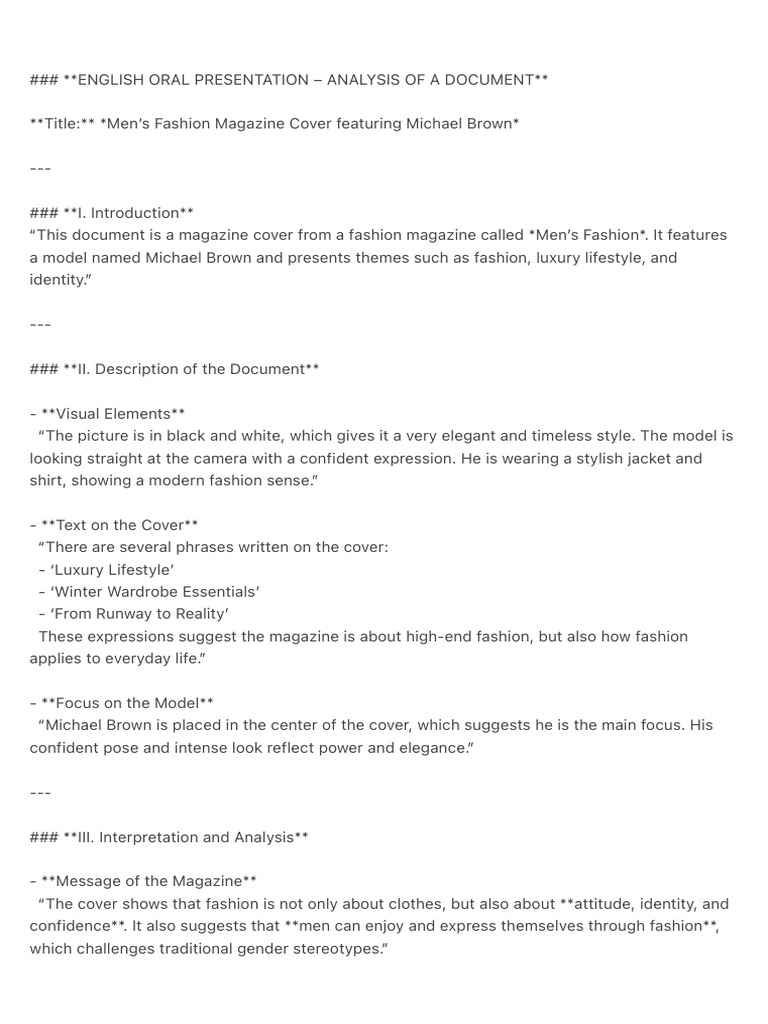 English Oral Presentation - Analysis of A Document | PDF | Fashion