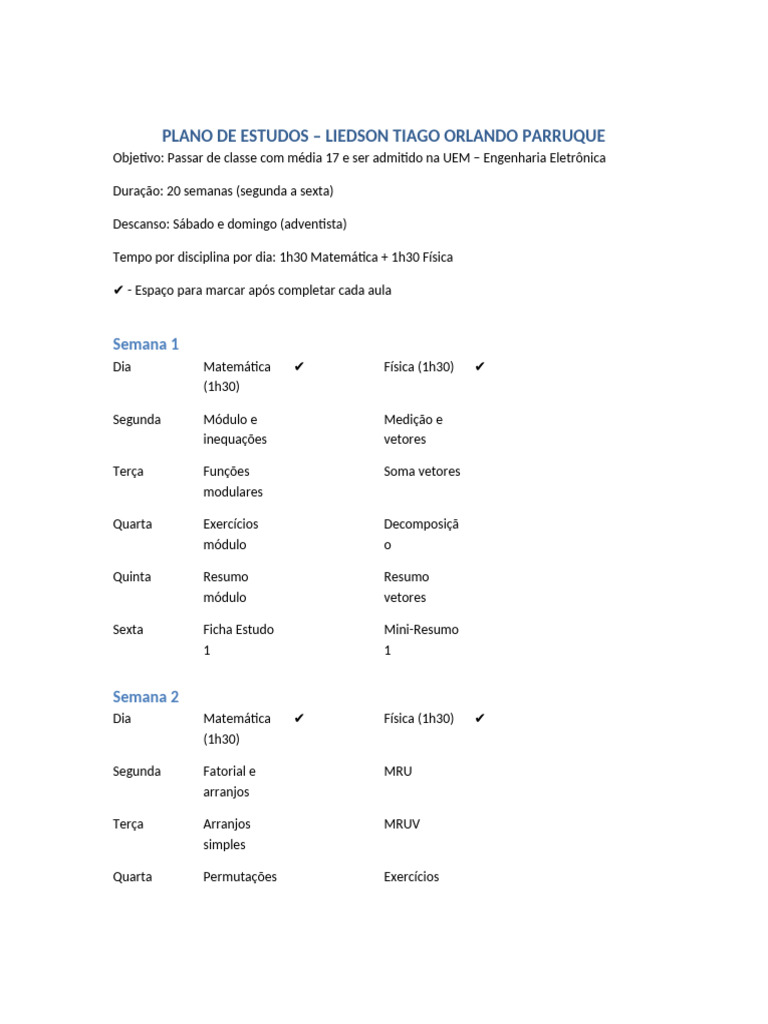 Plano Estudos Liedson 20 Semanas COMPLETO | PDF | Física | Magnetismo