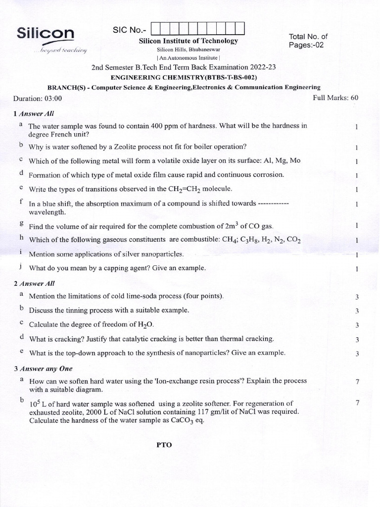 Engineering Chemistry (Btbs-t-bs-002) - End Term Back Exam - 2022-2023 | PDF