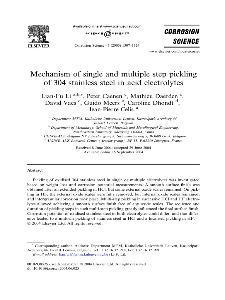 Mechanism of Single and Multiple Step Pickling of 304 Stainless Steel ...