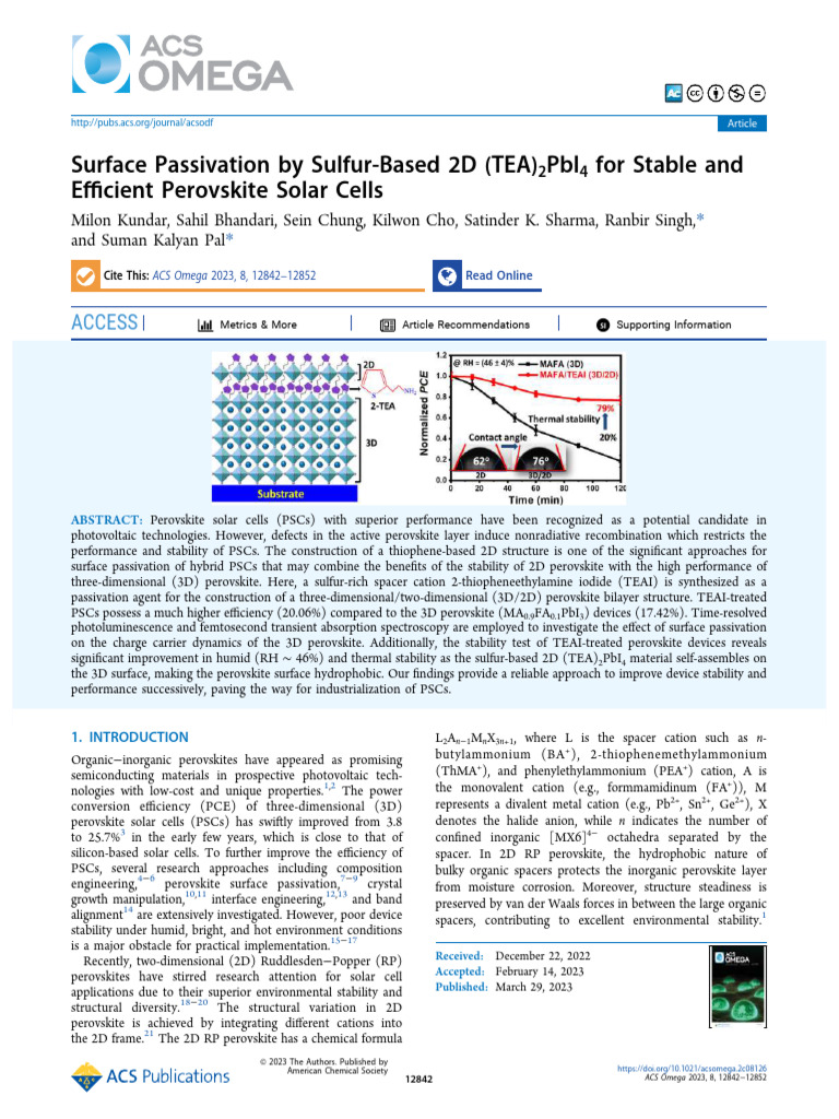 Kundar Et Al 2023 Surface Passivation by Sulfur Based 2d (Tea) 2pbi4 For Stable and Efficient ...