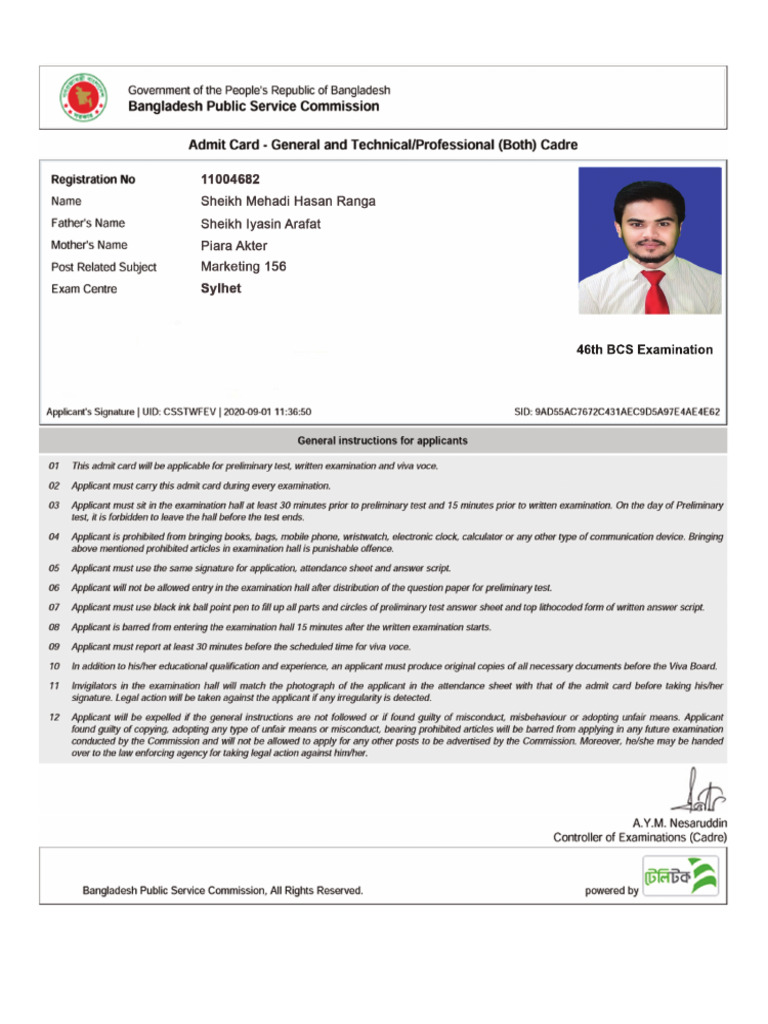 AdmitCard-46-BCS Sheikh Mehadi Hasan Ranga | PDF