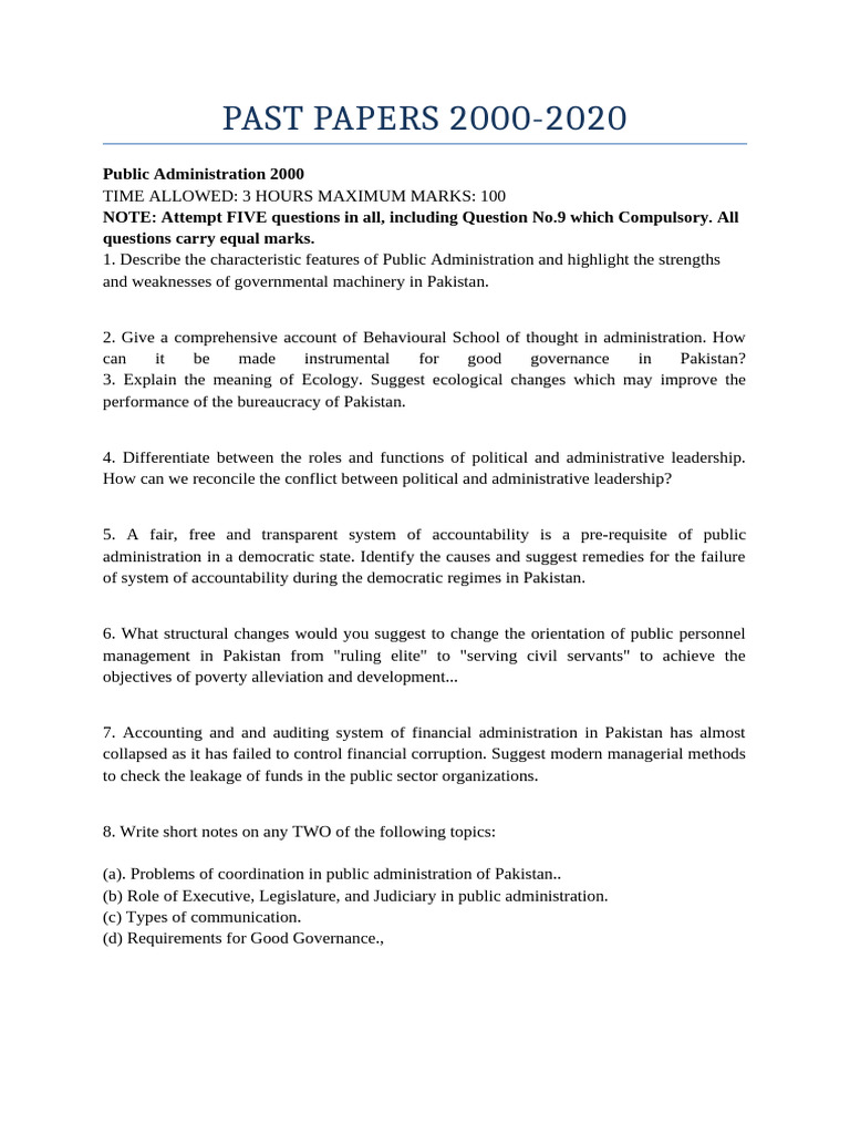 Public Administration Past Papers 2000-2020 | PDF | Bureaucracy ...