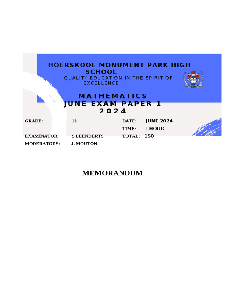 MPHS Grade 12 Paper 1 2024 Memo Draft | PDF | Mathematics ...