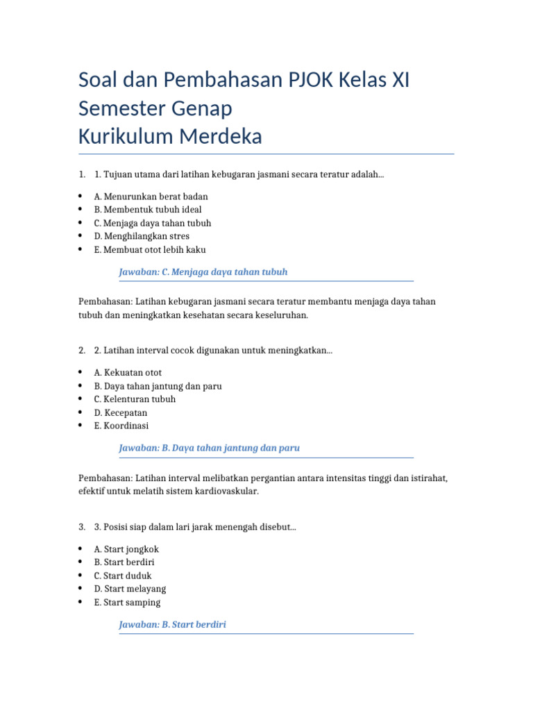 Soal PJOK Kelas XI Semester Genap Kurikulum Merdeka | PDF
