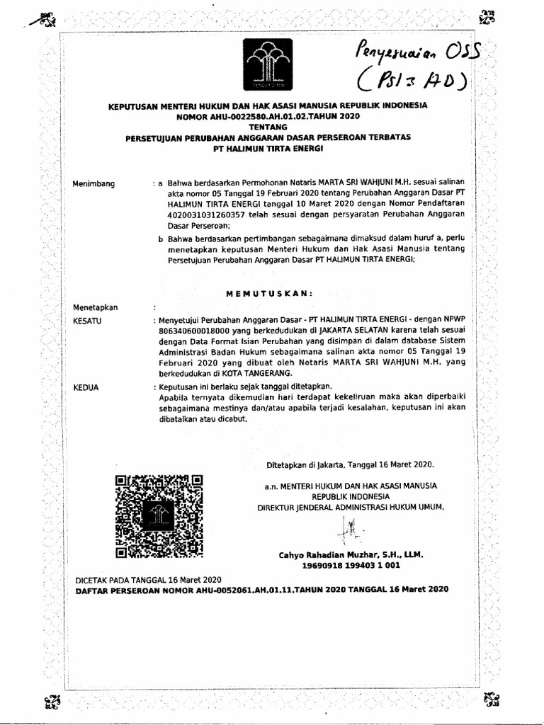 Contoh SK Menkumham Perubahan Ad PT | PDF