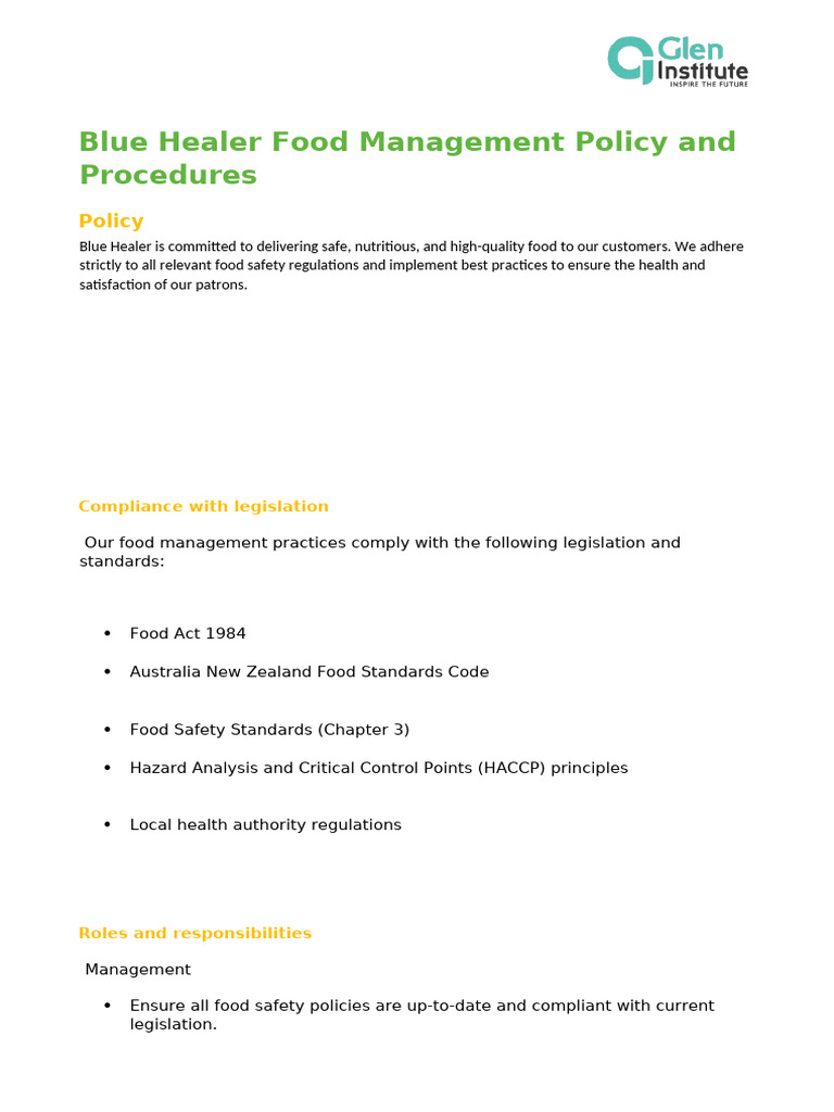 Blue Healer Food Safety Policy Guide | PDF | Food Safety | Hygiene