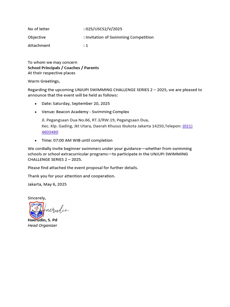 Unjupi Swimming Challenge Series 2 - English Invitation Letter | PDF