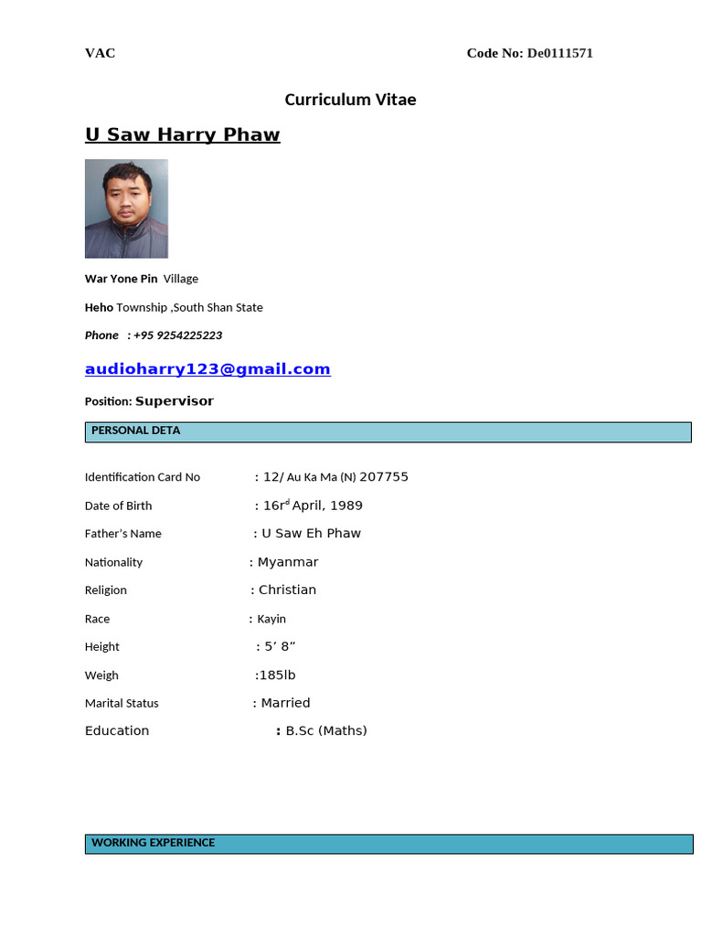 U Saw Harry Phaw: Curriculum Vitae | PDF