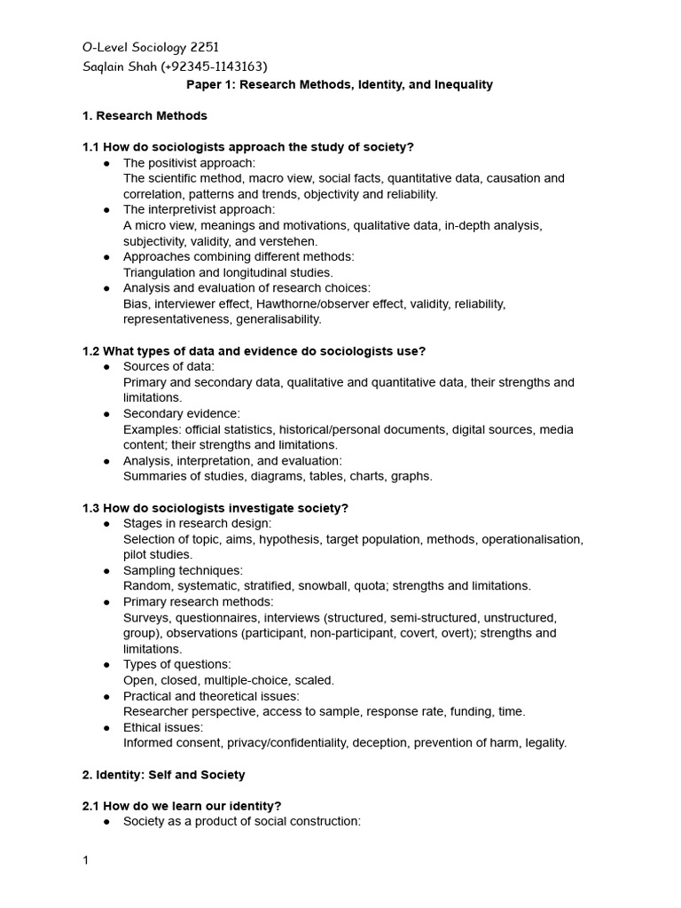 O-Level Sociology 2251 Study Guide | PDF | Sociology | Sampling ...