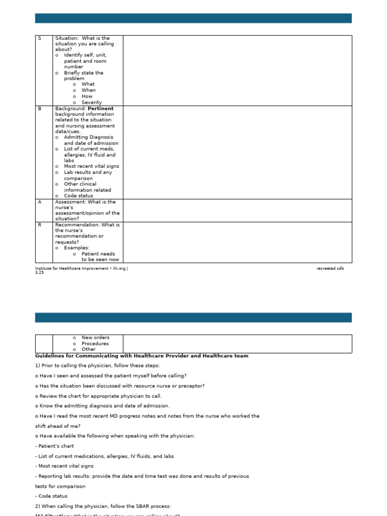 SBAR Template For Students Assignment NUR125 | PDF | Health Care ...