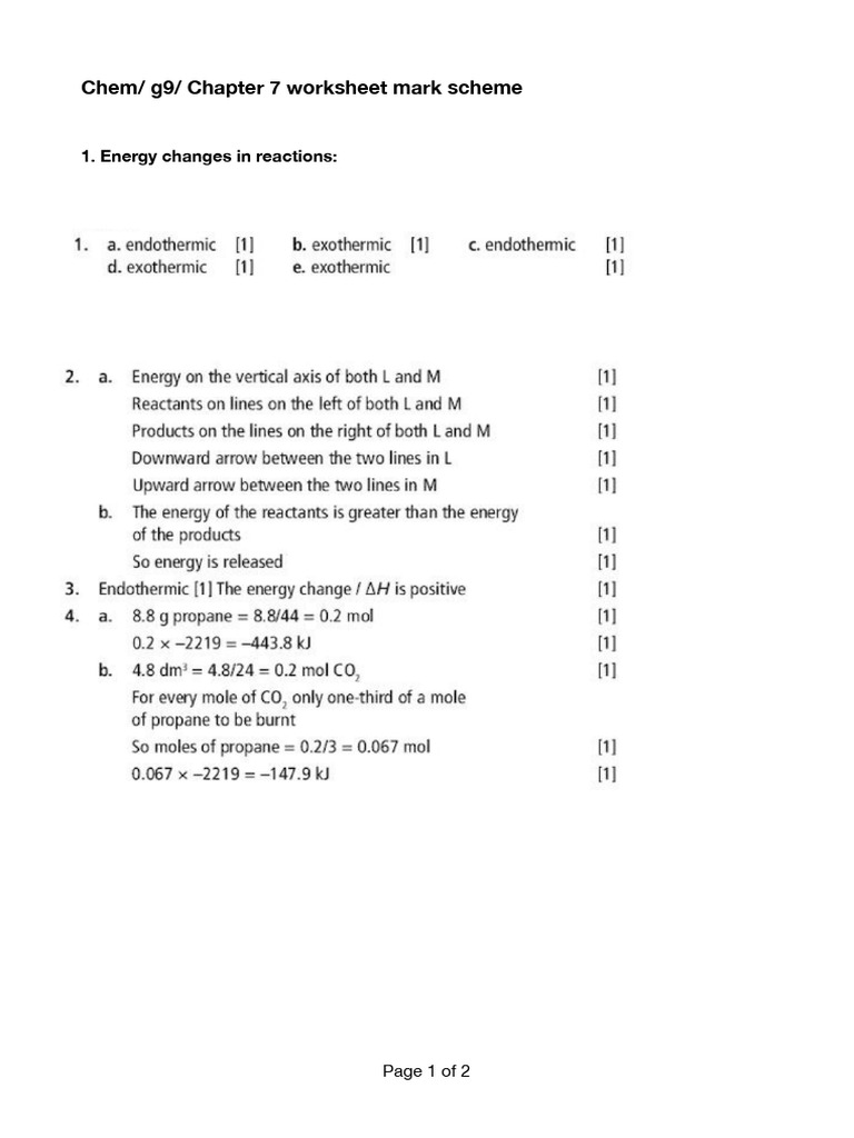 Worksheet Chapter 7 Mark Scheme | PDF