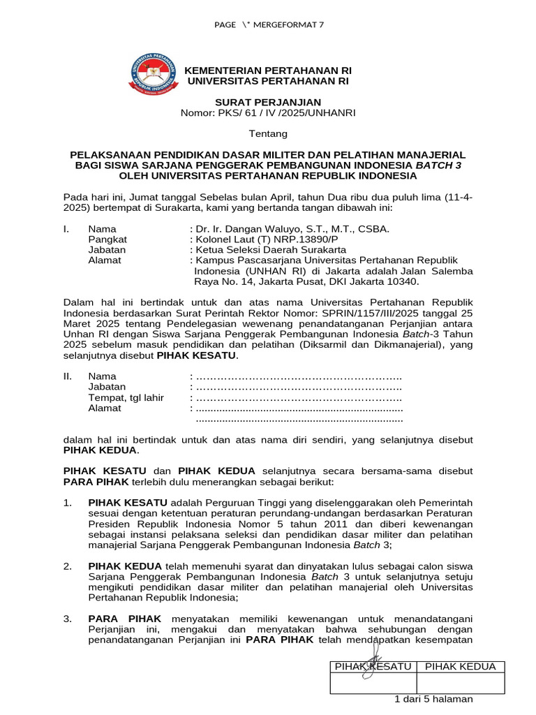 Perjanjian Beasiswa Diksarmil Batch 3 | PDF