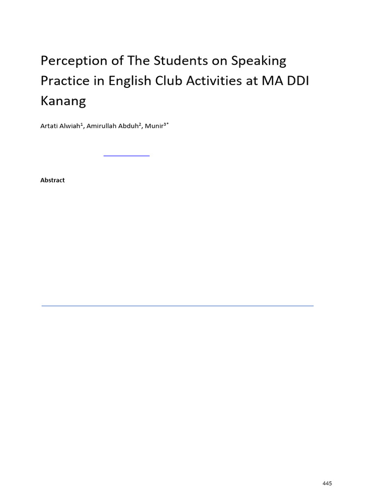 Perception of The Students On Speaking Practice in English Club Activities at MA DDI Kanang ...
