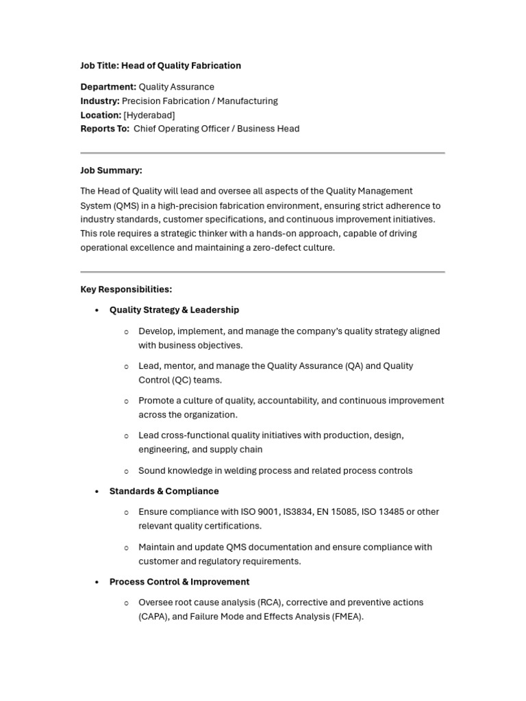 Head of Quality for Precision Fabrication | PDF | Quality Assurance ...