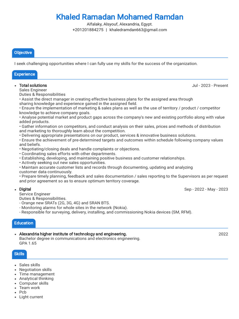 Khaled Ramadan CV 2 | PDF | Sales | Business