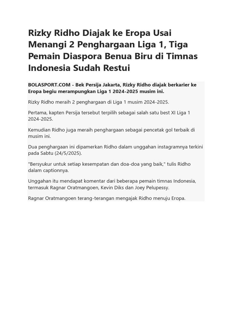 Rizky Ridho Diajak Ke Eropa Usai Menangi 2 Penghargaan Liga 1, Tiga Pemain Diaspora Benua Biru ...