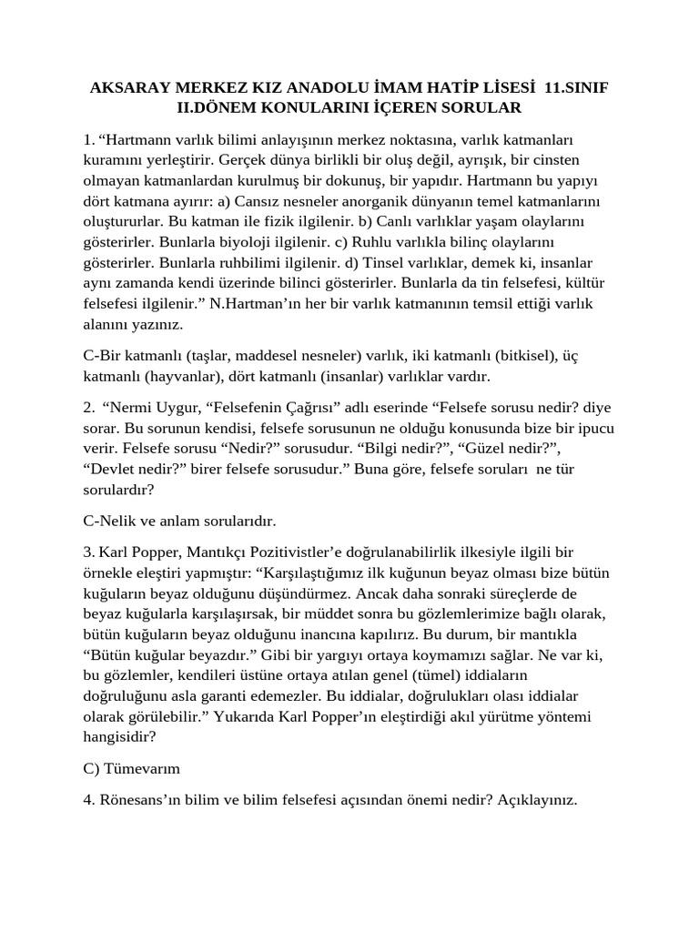 Felsefe 11.sinif Hazirlik Sorulari-2 | PDF