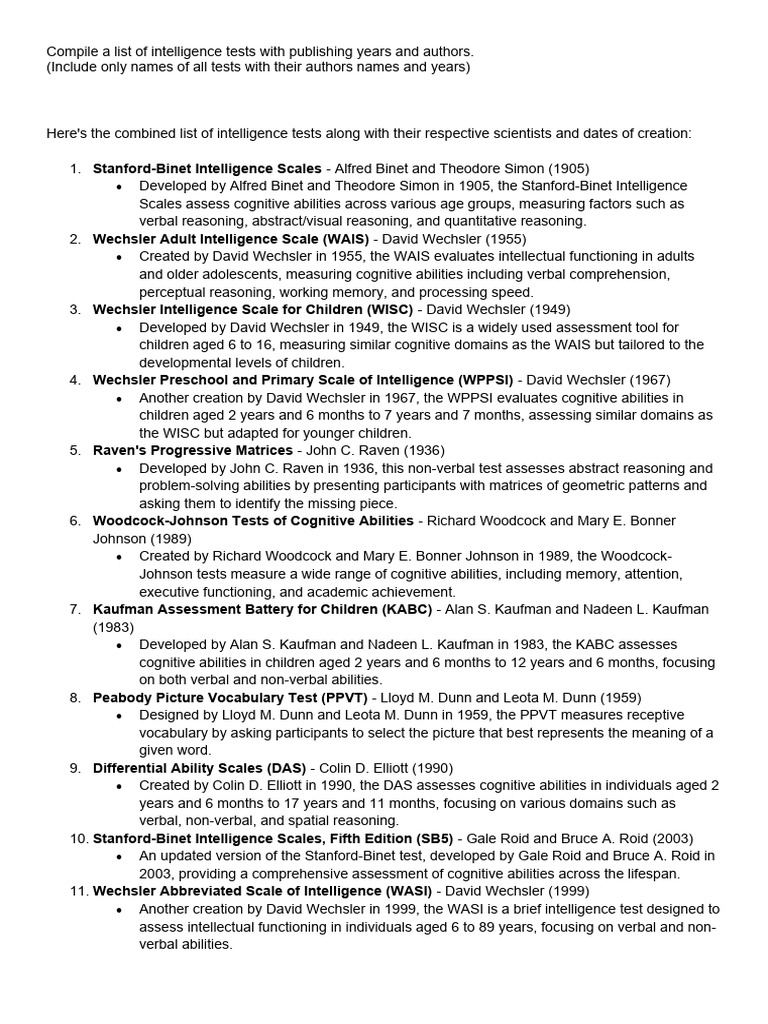 Comprehensive Intelligence Tests List | PDF | Wechsler Adult ...
