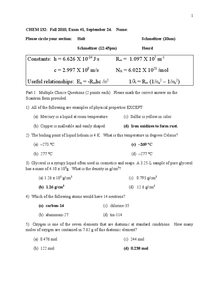 Chemistry Exam 1 | PDF | Atoms | Ion