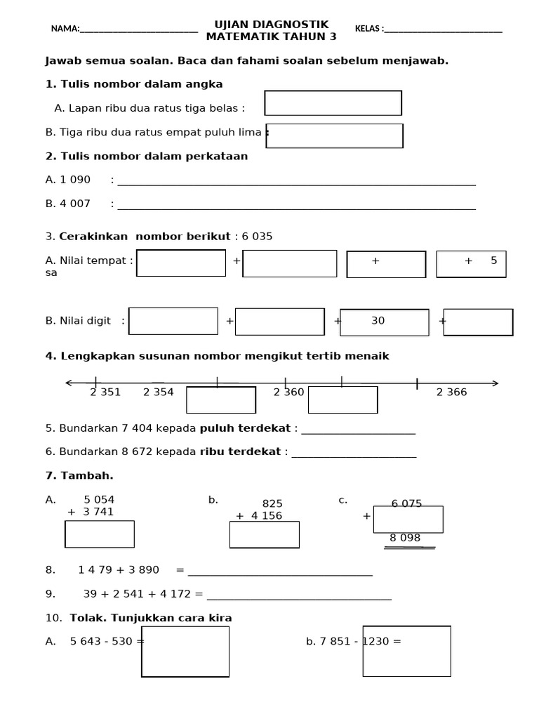 Ujian Diagnostik Maths Tahun 3 | PDF