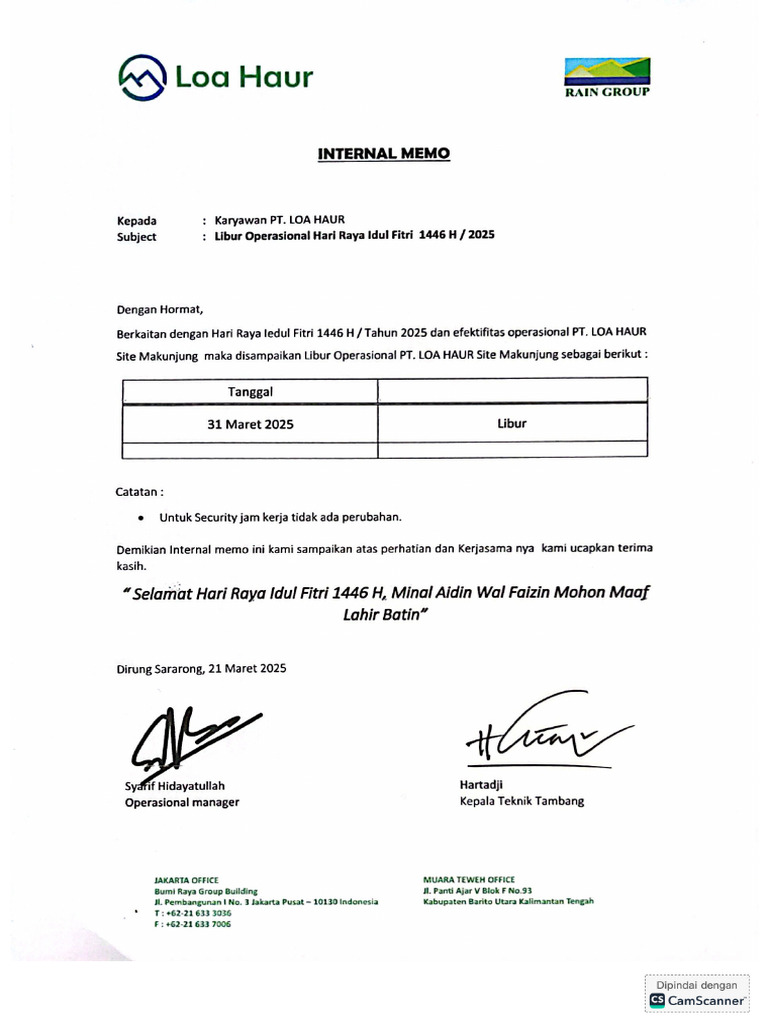 Internal Memo Libur Idul Fitri | PDF