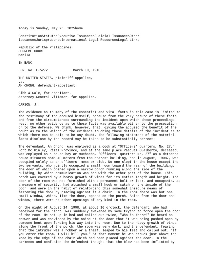 Homicide Case: Ah Chong vs. U.S. | PDF | Mens Rea | Criminal Law