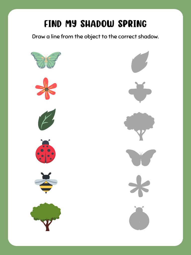 Green and White Colorful Spring Find My Shadow Worksheet | PDF