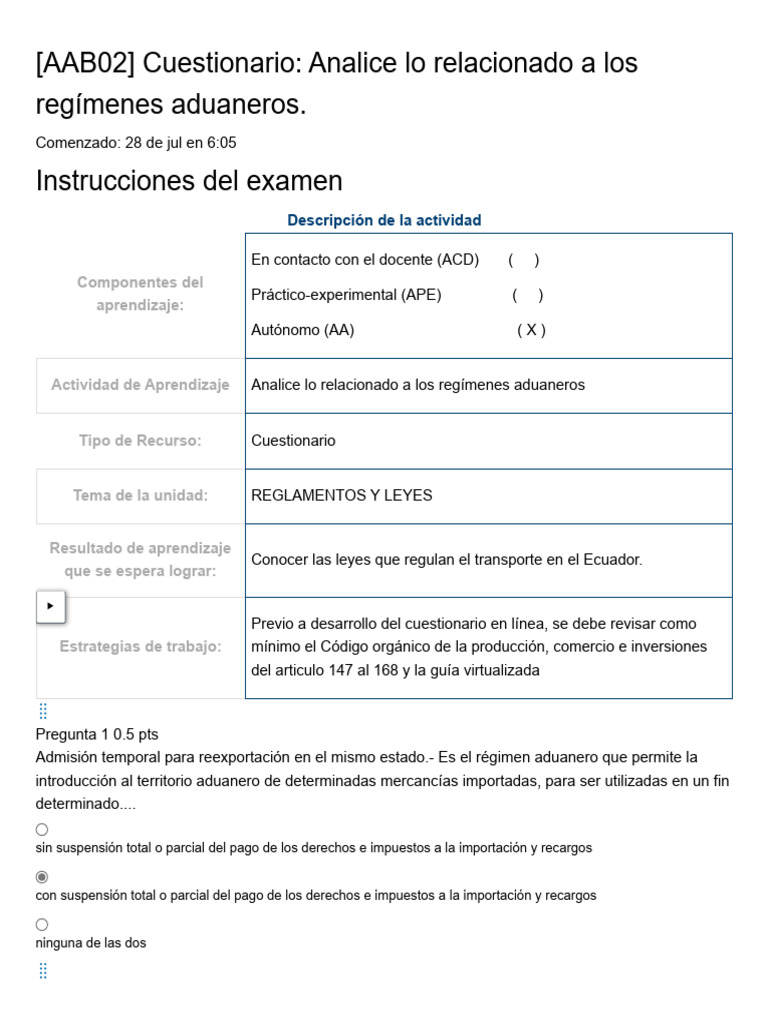 Examen_ [AAB02] Cuestionario_ Analice lo relacionado a los regímenes aduaneros_ | PDF | Transporte