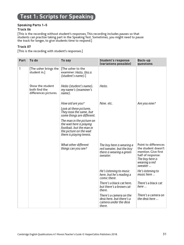 A1 Movers Mock Scripts For Speaking | PDF