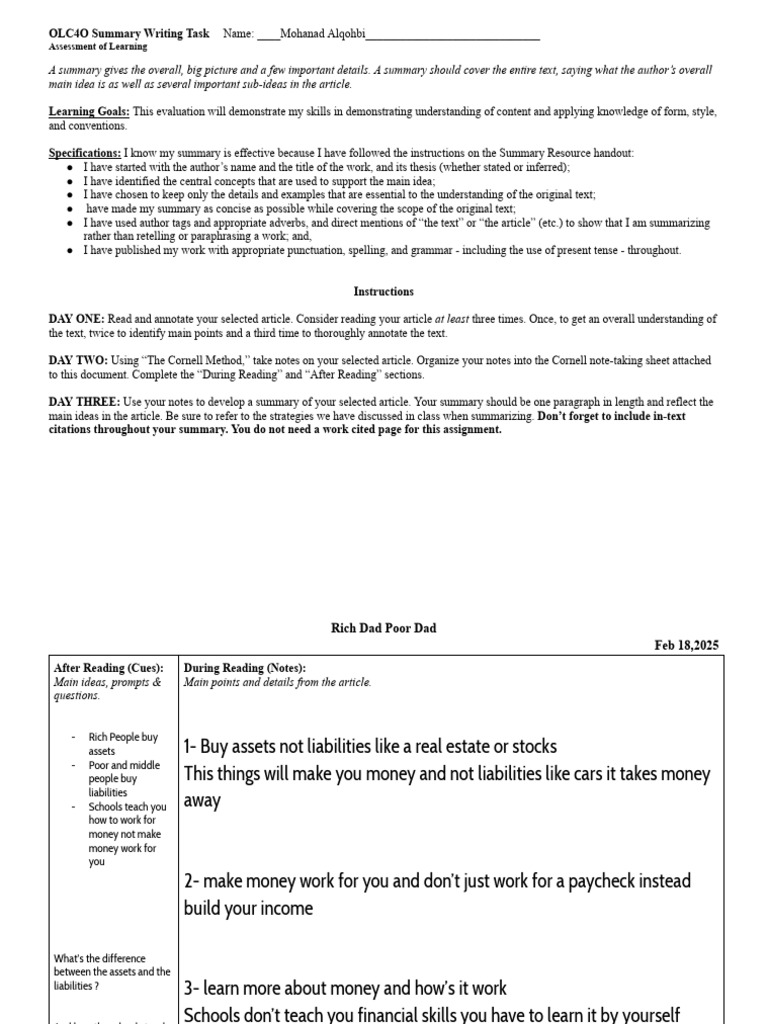 Mohanad Alqohbi - OLC4O1 Summary Writing Task | PDF | Cognition | Learning