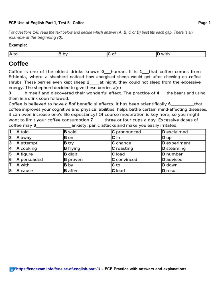 FCE Use of English Test 5: Coffee | PDF | Coffee | Behavioural Sciences