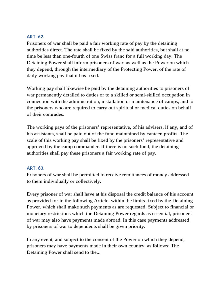 Article 62 63 Prisoners of War | PDF