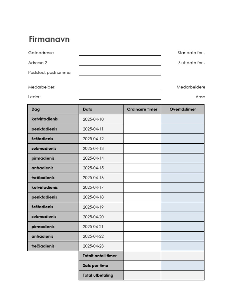 Firmanavn: Timeliste For To Uker | PDF