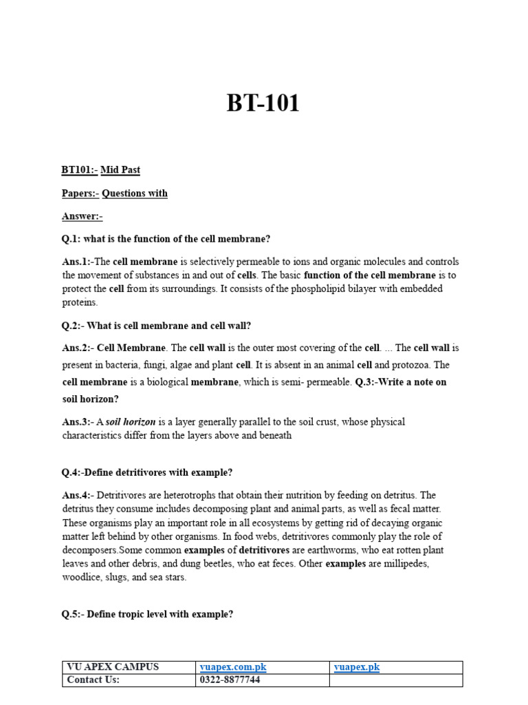 BT101 Midterms Past Papers - VU Biologists | PDF | Cell (Biology ...