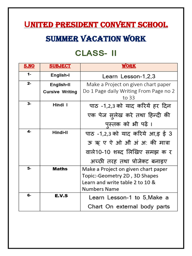 Class 2 Summer Vacation Homework | PDF