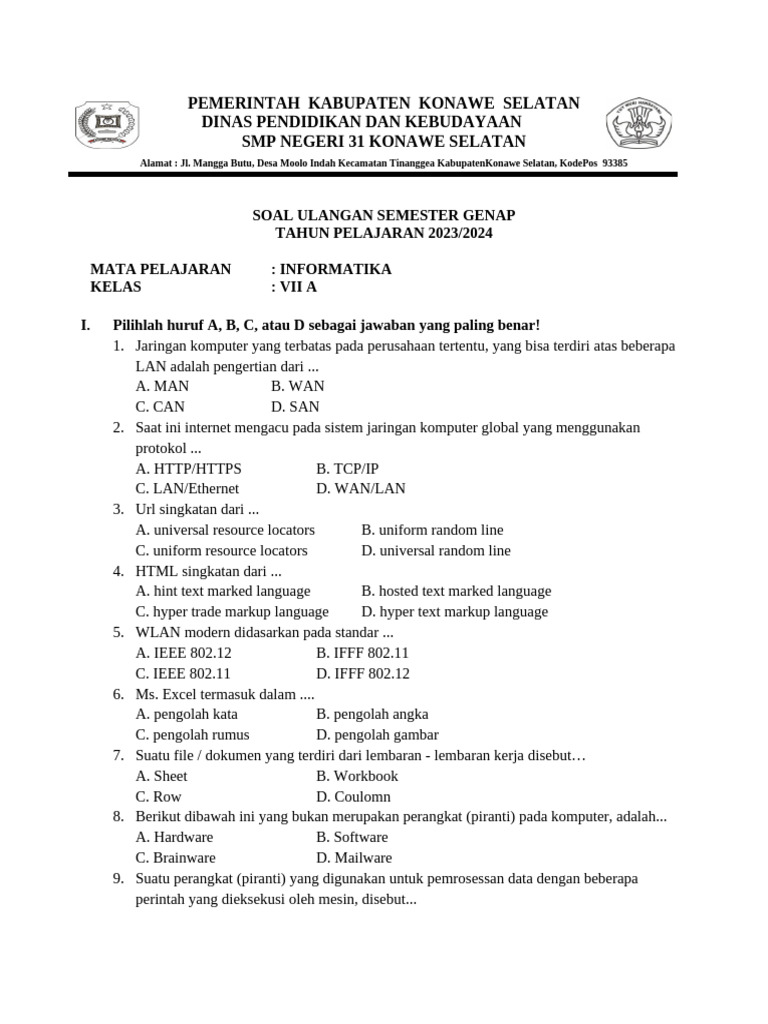 Informatika 7 Pas Genap 2024 | PDF